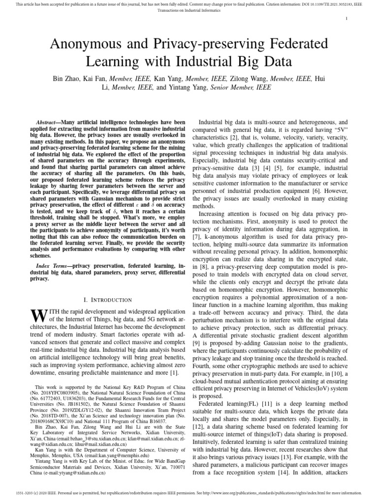 Anonymous and Privacy-Preserving Federated Learning With Industrial Big ...
