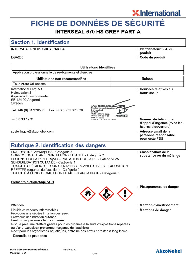MSDS - INTERSEAL 670 HS GREY PART A - Fr-S | PDF