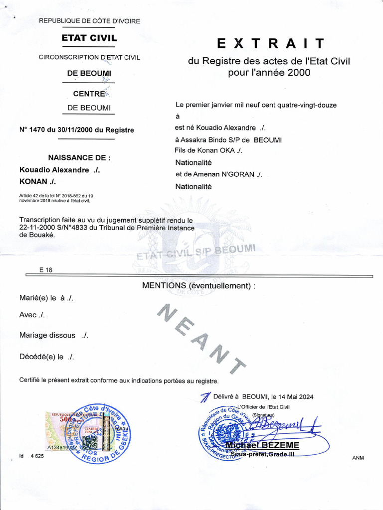 Extrait de Naissance | PDF