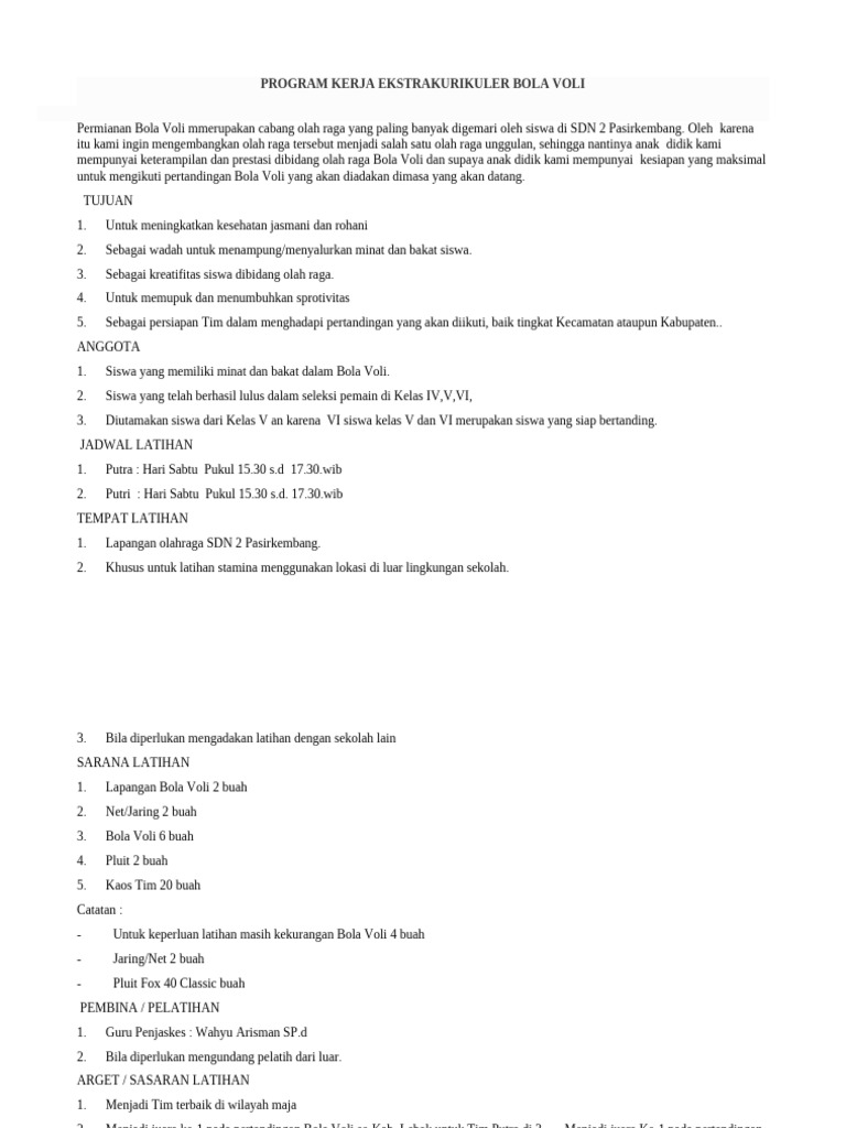 Program Kerja Ekstrakurikuler Bola Voli | PDF