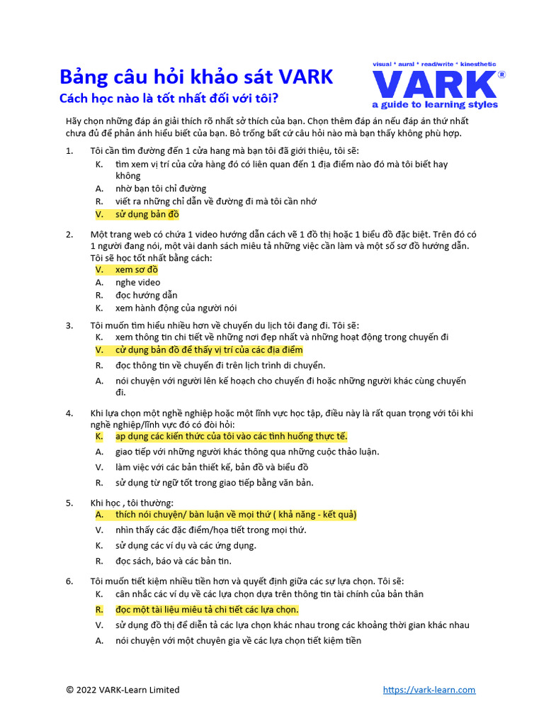 Lec11.The VARK Questionnaire Vietnamese | PDF