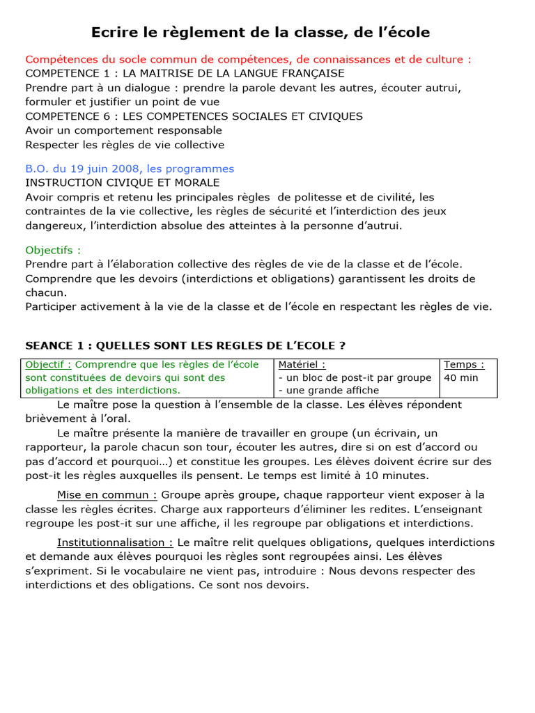 Ecrire-le-reglement-de-la-classe | PDF
