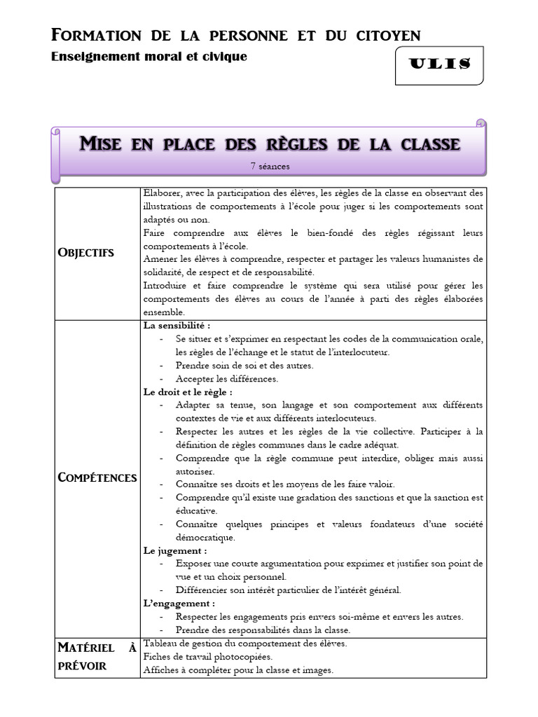 Fiche de séquence-mise en place des règles de la classe | PDF