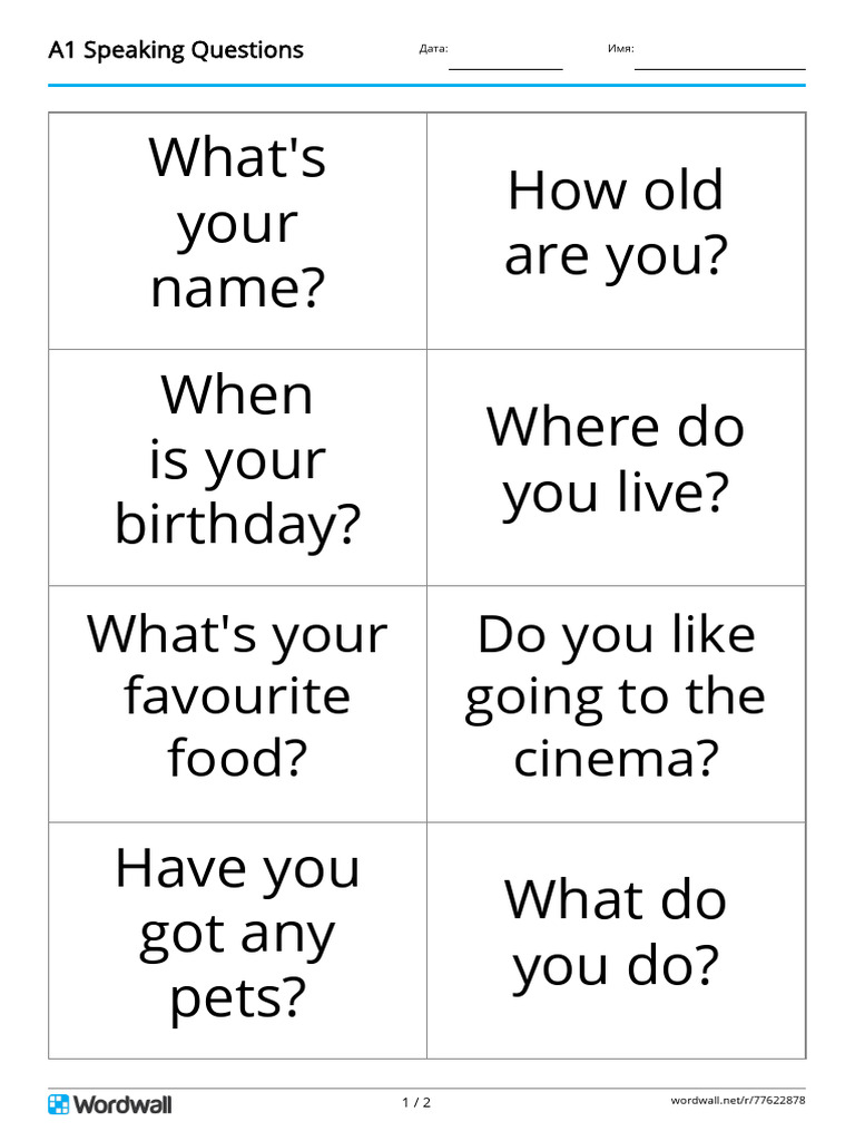 a1 speaking questions флэш карты | PDF