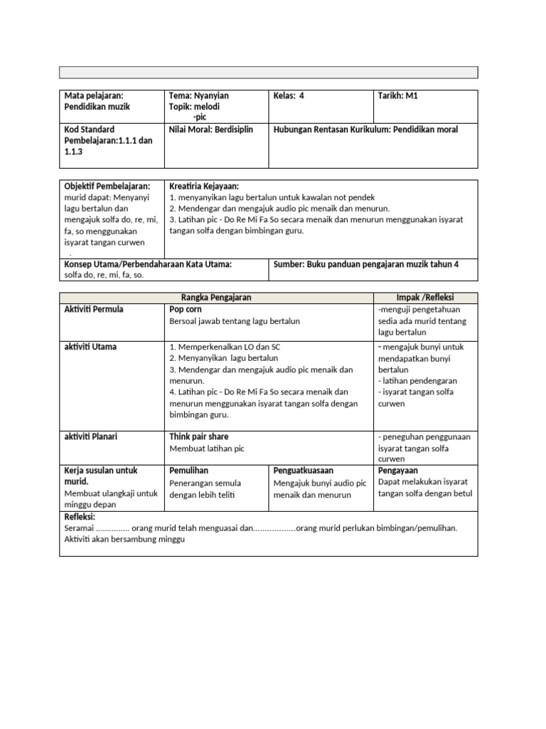 RPH Muzik THN 4 Aisyah | PDF