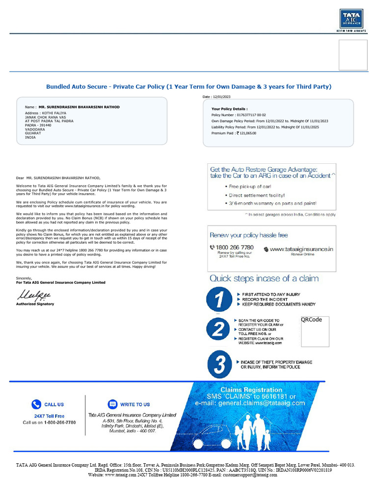 Bundled Auto Secure Private Car Policy (1 Year Term For Own Damage & 3 ...
