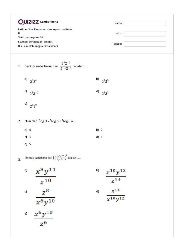 Latihan Soal Eksponen Dan Logaritma Kelas X - Quizizz | PDF | Metode ...