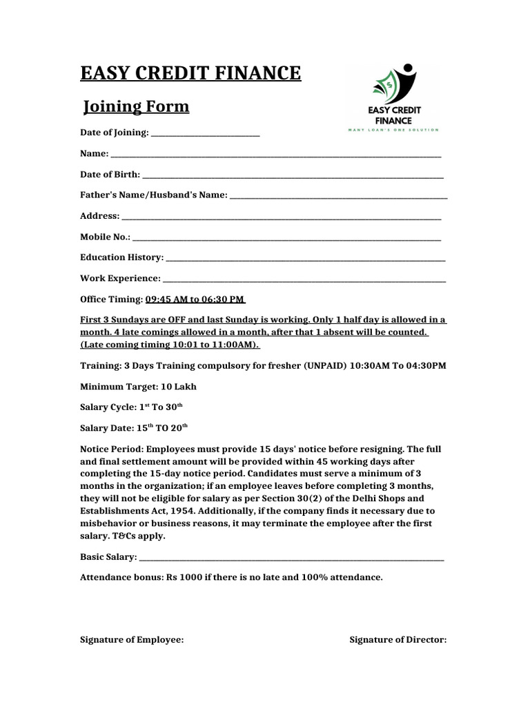 Easy Credit Finance Joining Form | PDF