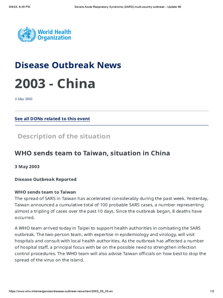 Severe Acute Respiratory Syndrome (SARS) - Multi-Country Outbreak ...