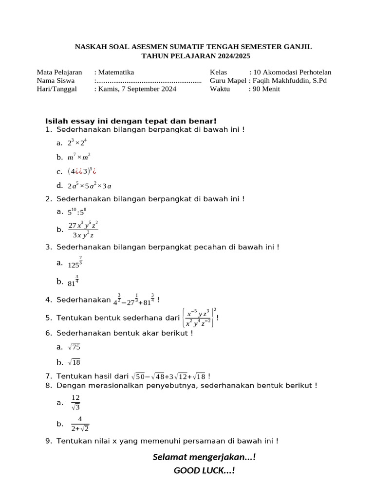 Soal ASTS Ganjil Matematika Kelas 10 AP 1 Dan 10 AP 2 | PDF
