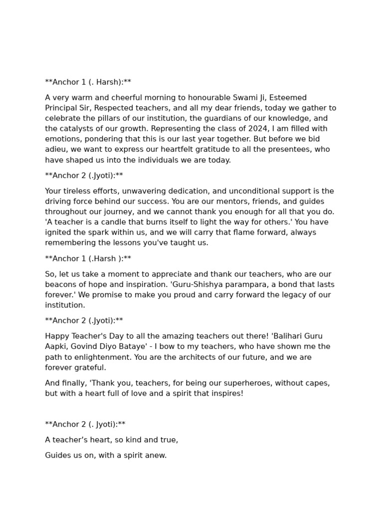 Anchoring Script For Teachers Day | PDF