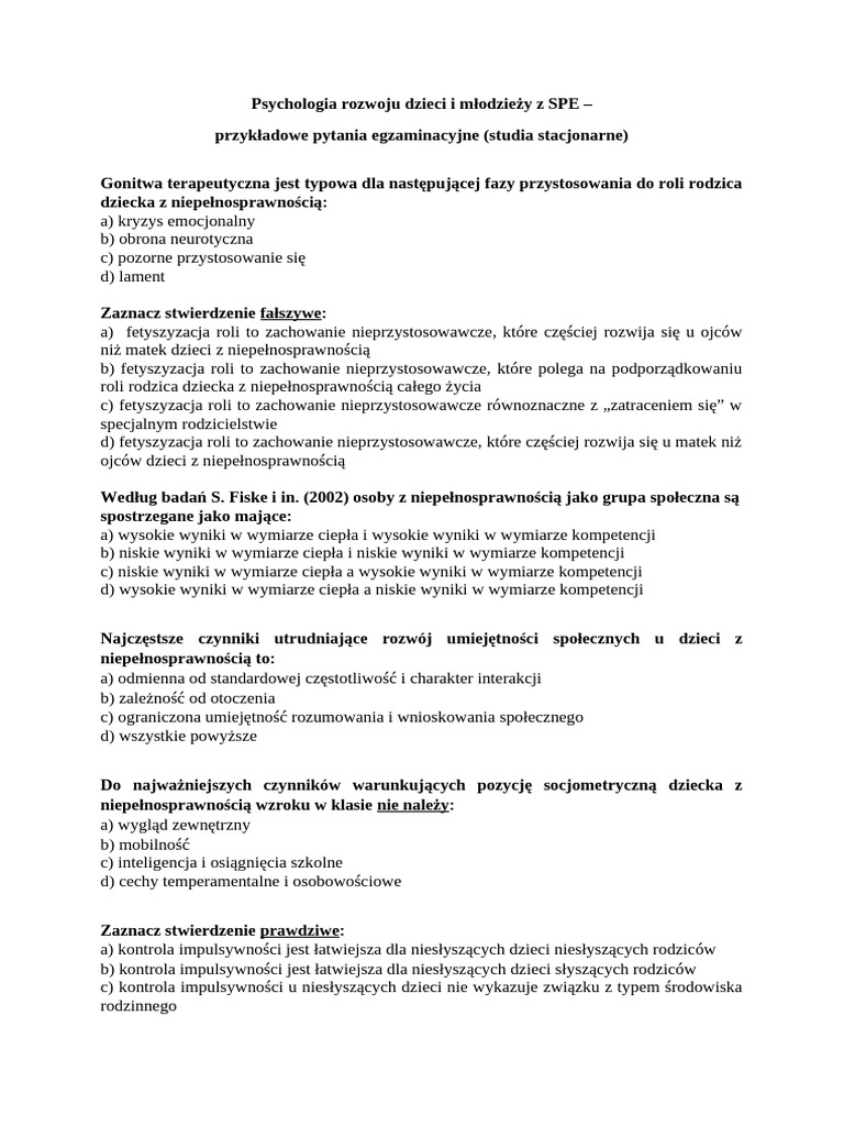 Przykłady Pytań Egzaminacyjnych - Studia Stacjonarne | PDF