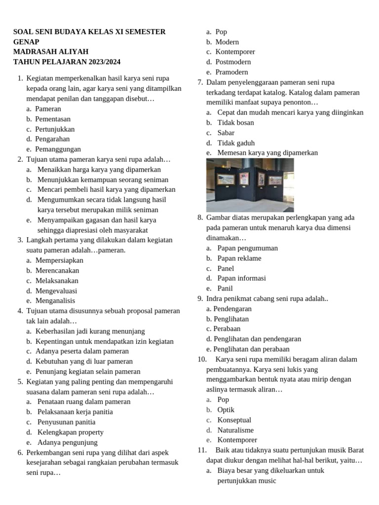 Soal Seni Budaya Kelas Xi Semester Genap | PDF