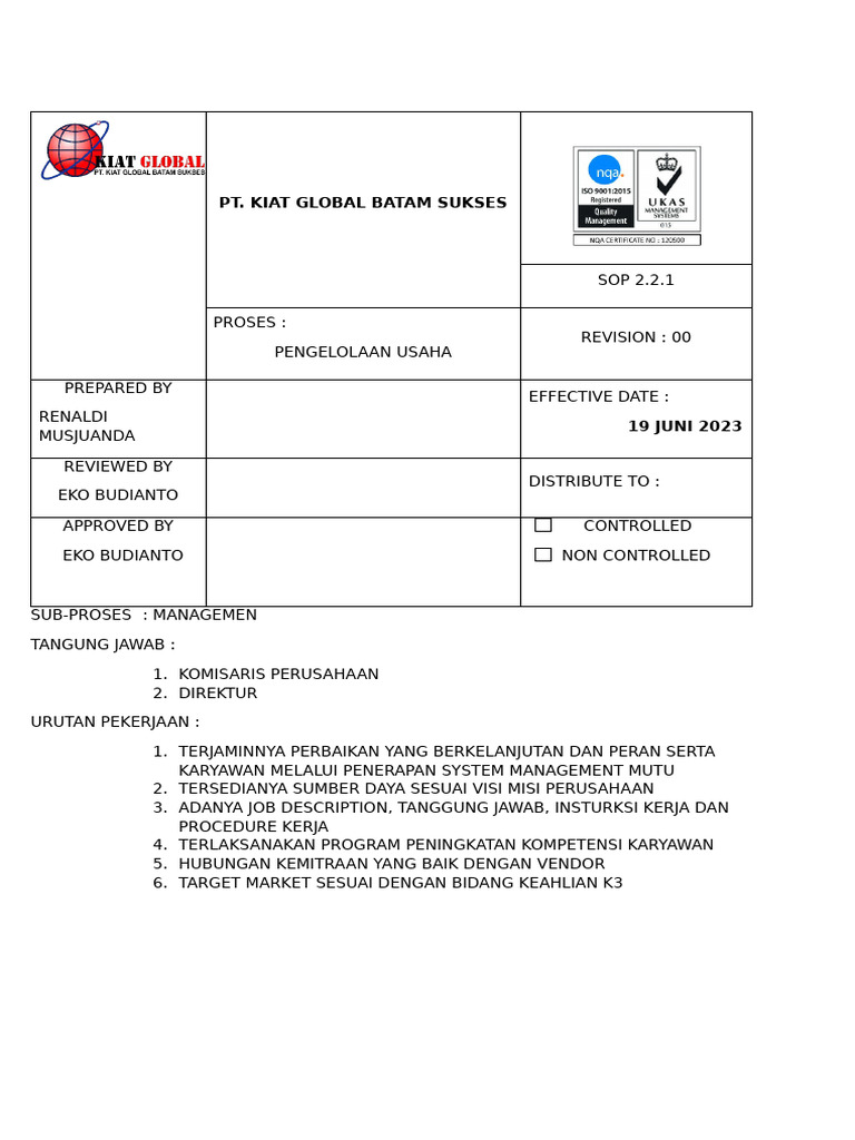 SOP PENGELOLAAN USAHA PJk3 | PDF