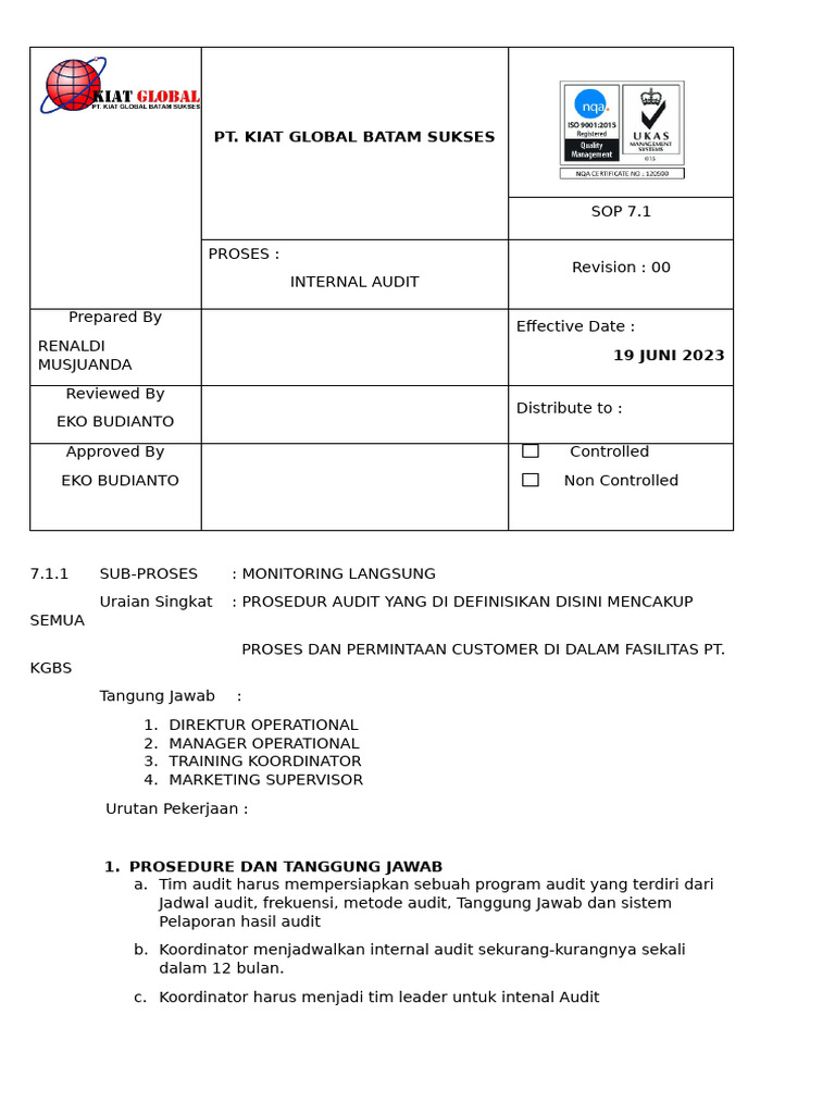 SOP INTERNAL AUDIT PJk3 | PDF