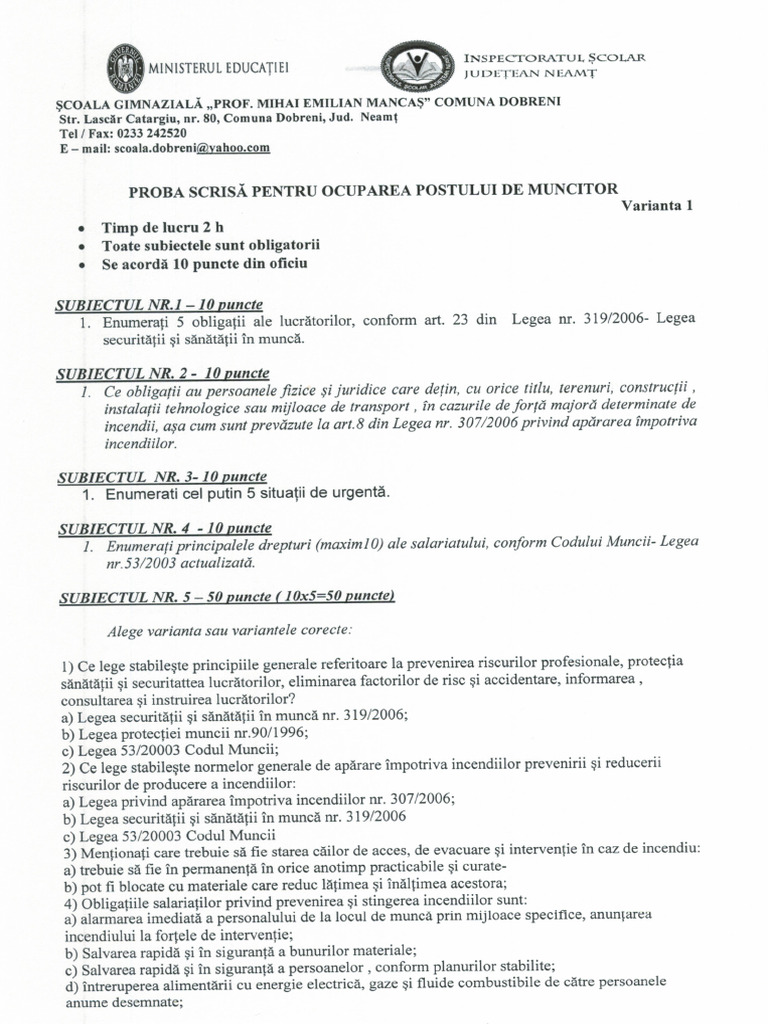 16 Subiecte Si Bareme Concurs Muncitor | PDF