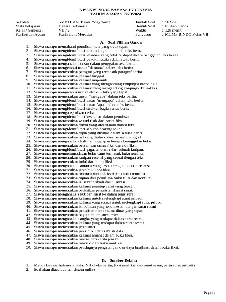 Kisi-Kisi Pat Bindo Kelas 7 Semester 2 | PDF