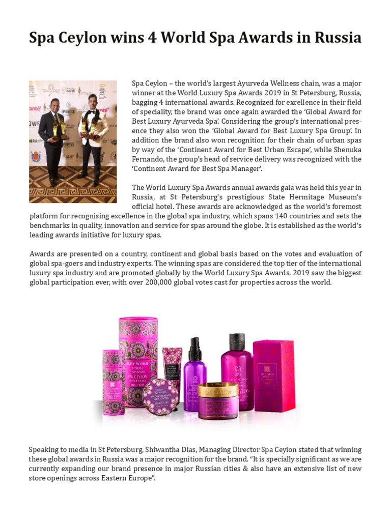 Spa Ceylon Wins 4 World Spa Awards in Russia | PDF