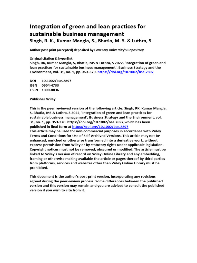 Integration of Green and Lean Practices For Sustainable Business ...