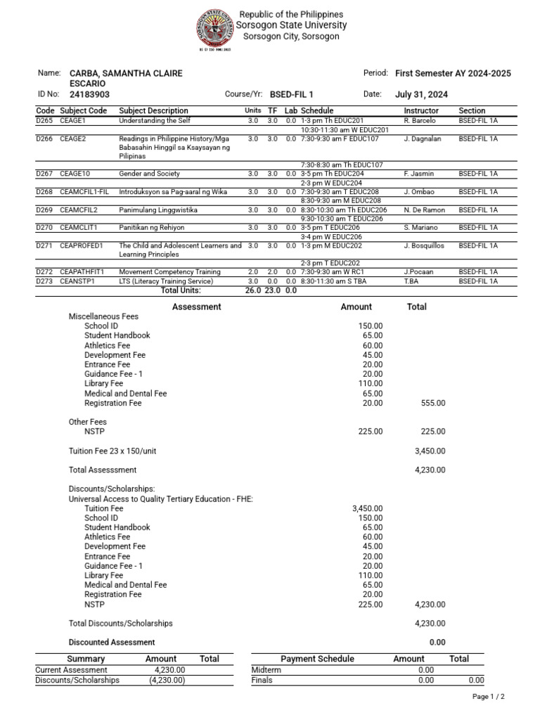 Carba, Samantha Claire Escario First Semester AY 2024-2025 24183903 Bsed-Fil 1 July 31, 2024 | PDF