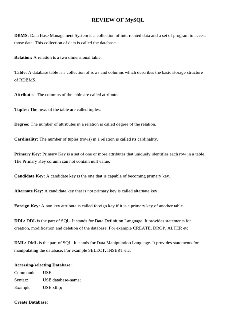Informatics Practices Review of MySQL | PDF