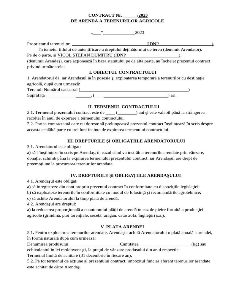 Model Contract de Arenda A Terenurilor Agricole | PDF