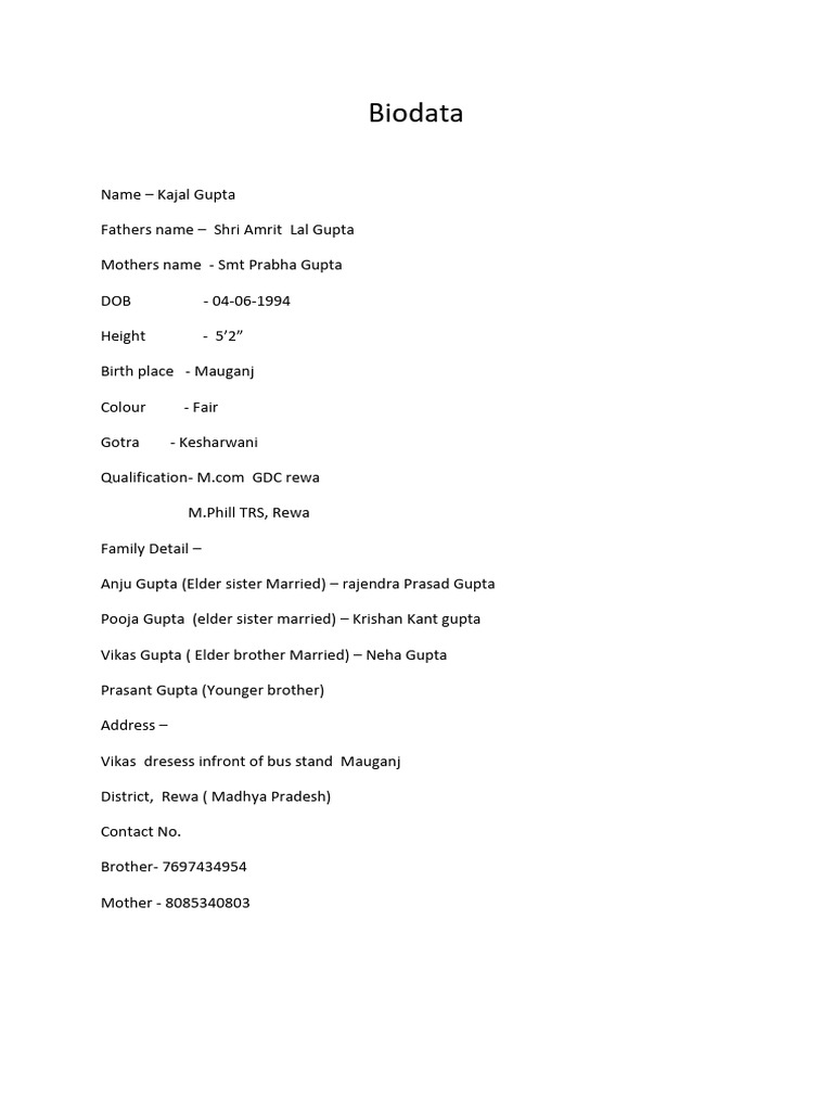 Biodata Kajal | PDF