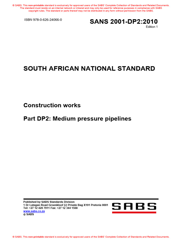 SANS 2001-DP2-2010 - Construction Works - Part DP2-Medium Pressure Pipelines | PDF
