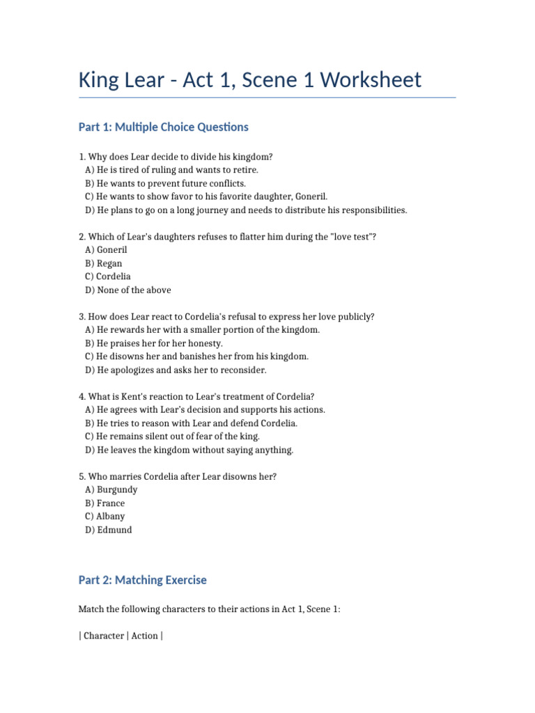 King Lear Act 1 Scene 1 Worksheet With Suggestions | PDF | King Lear