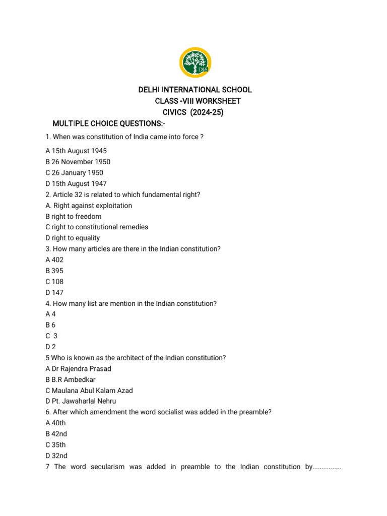 Delhi International School Class - Viii Worksheet CIVICS (2024-25 ...