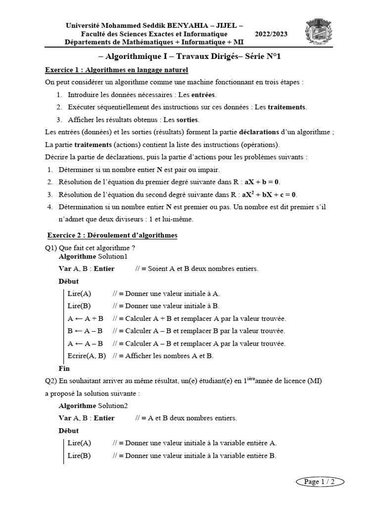 Algorithmique - TD1 - 2022 2023 - V1 | PDF