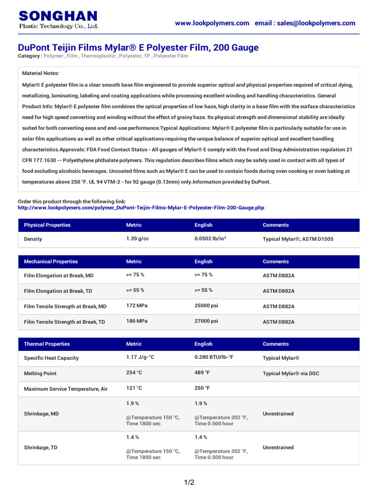 DuPont Teijin Films Mylar E Polyester Film 200 Gauge | PDF