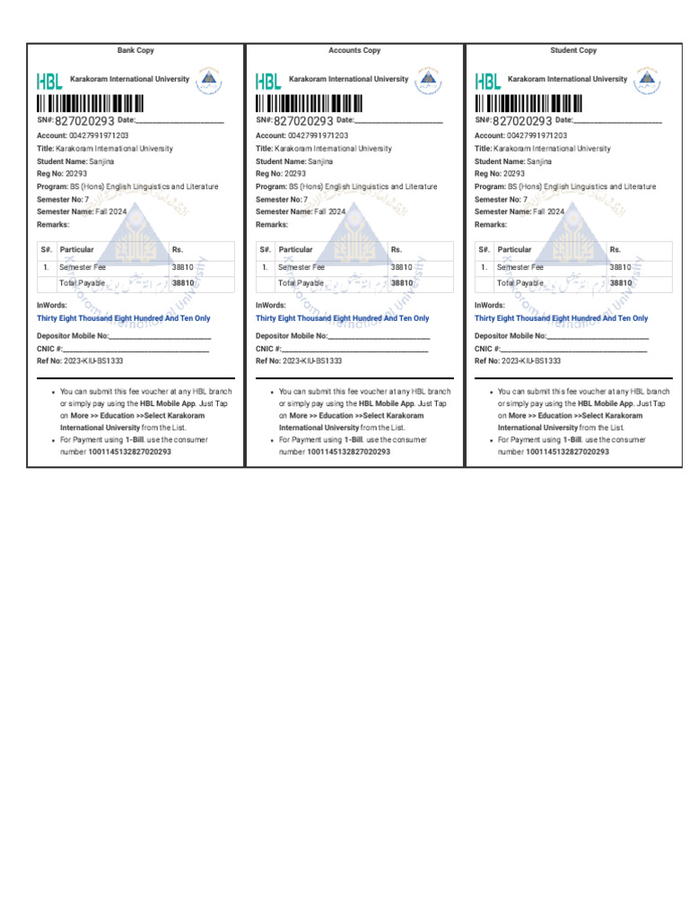 Fee Voucher - Sanjina - KIU LMS | PDF