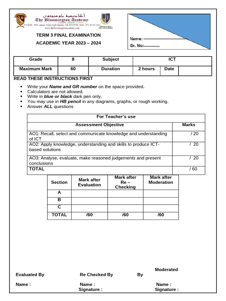Grade 8 Term 3 FINAL QP SOD | PDF