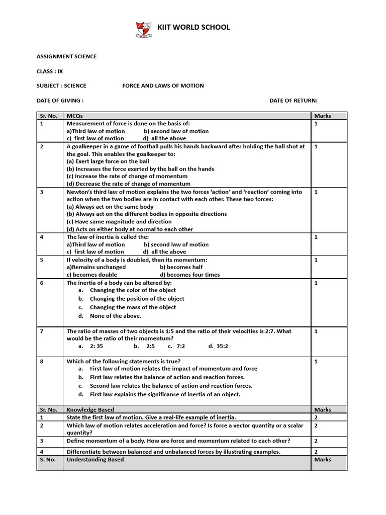 Class9 Chapter 8 Assignment | PDF | Force | Newton's Laws Of Motion