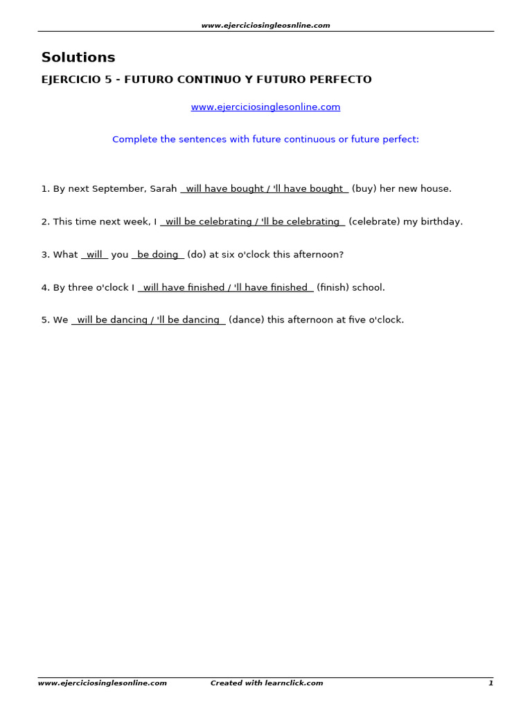 Solutions Ejercicio 5 Futuro Continuo y Futuro Perfecto | PDF