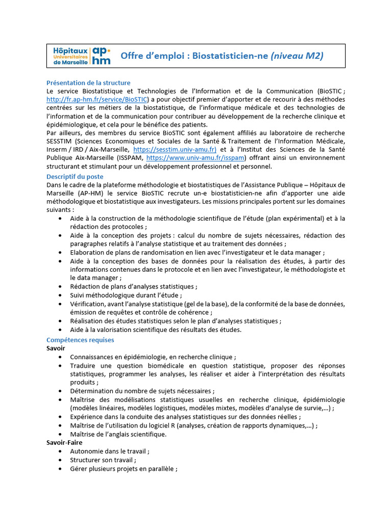 Offres Biostatisticien - Nne Biostic | PDF