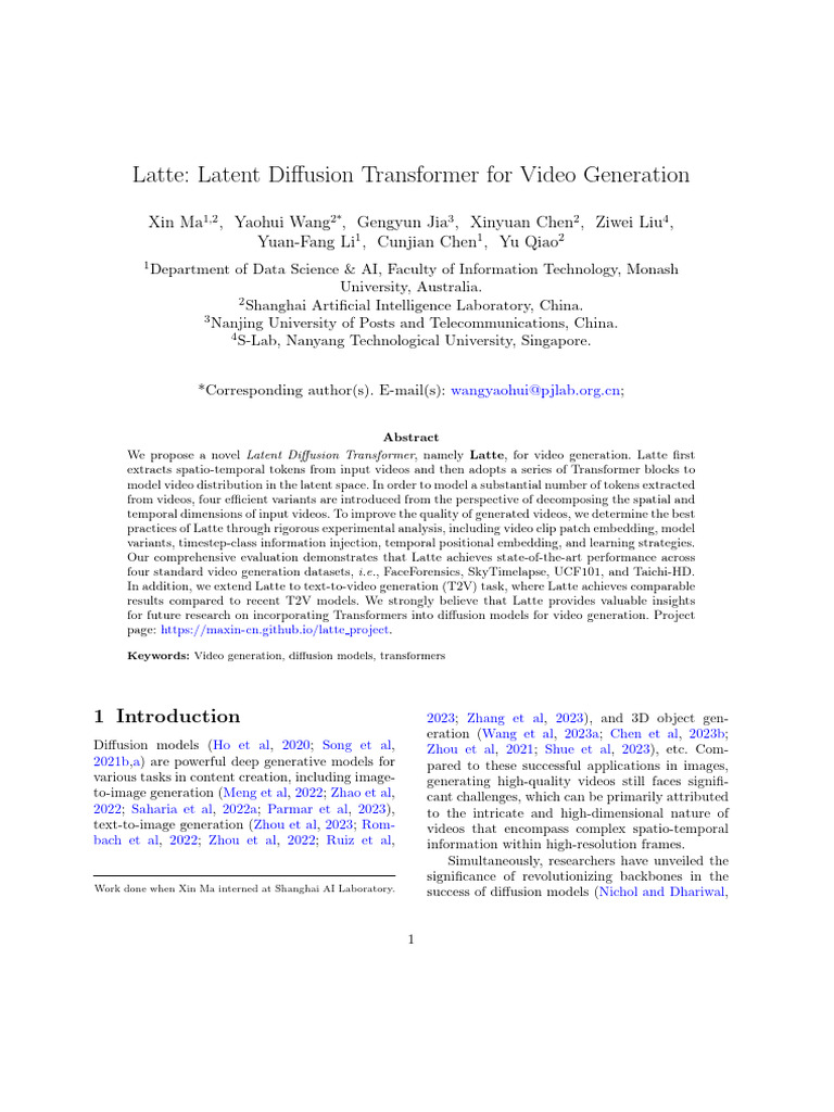 Latte: Latent Diffusion Transformer For Video Generation | PDF