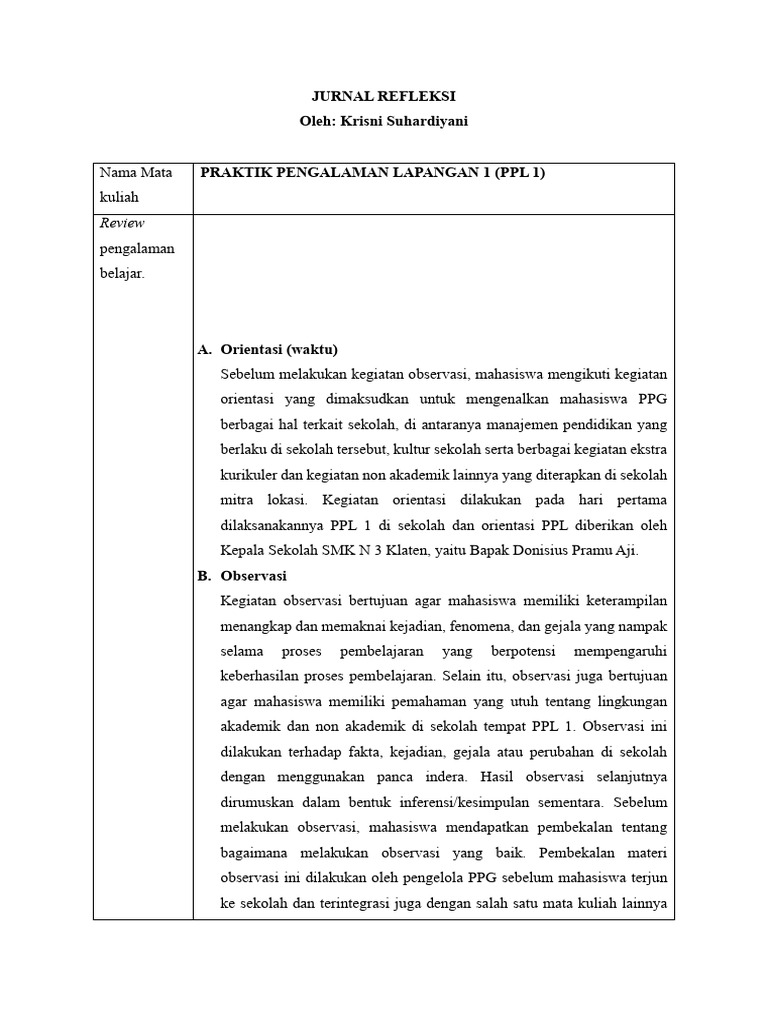 Jurnal Refleksi - Krisni Suhardiyani - Praktik Pengalaman Lapangan I | PDF