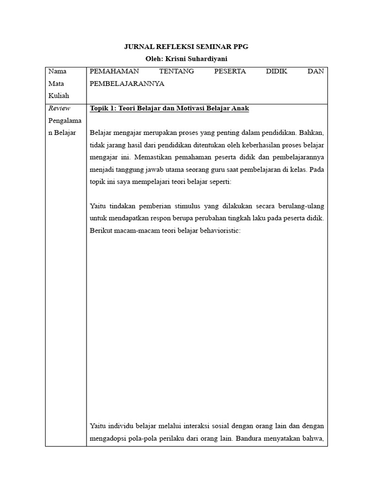 Jurnal Refleksi - Krisni Suhardiyani - Pemahaman Peserta Didik Dan ...