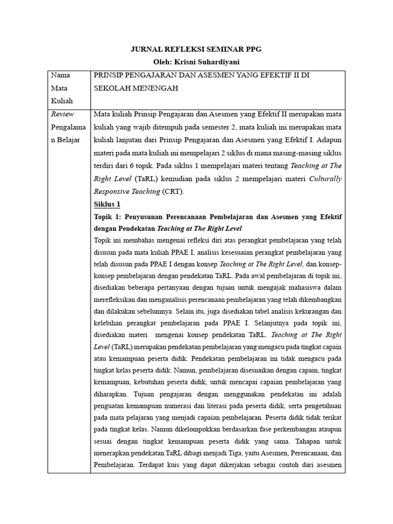 Jurnal Refleksi - Krisni Suhardiyani - Prinsip Pengajaran Dan Asesmen Yang Efektif II | PDF