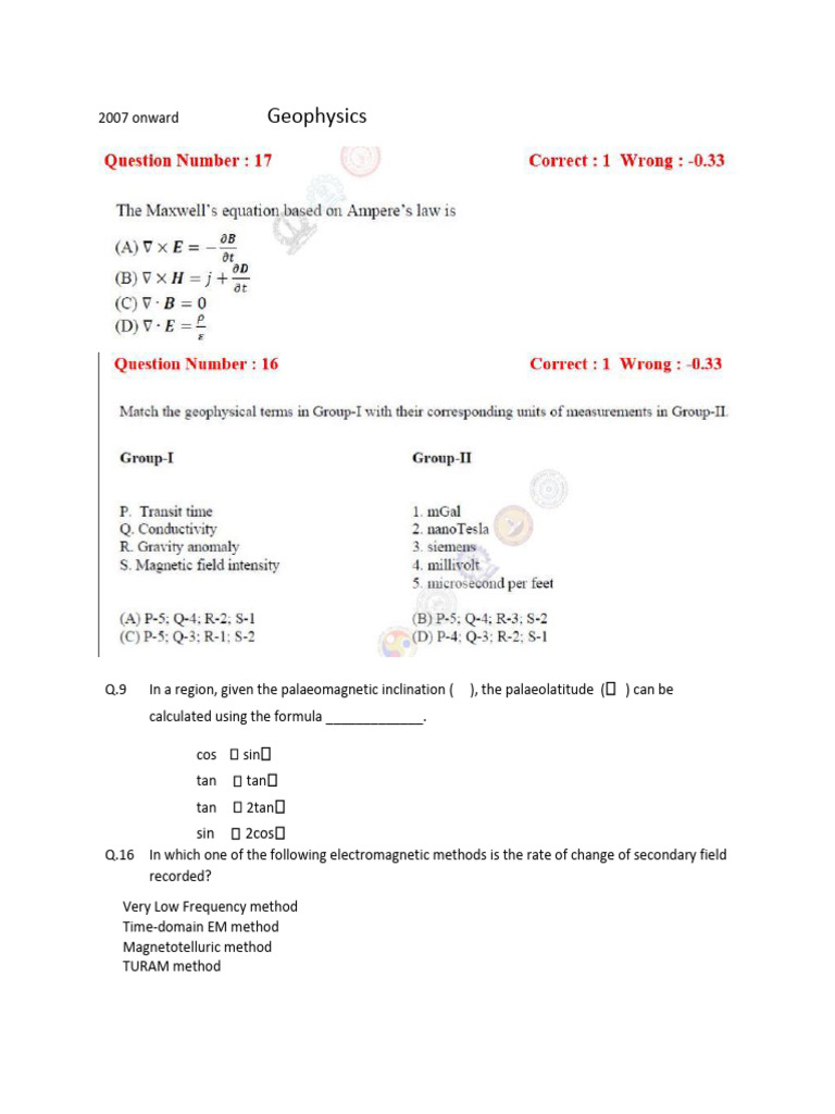 Geophysics Exam Questions and Methods | PDF | Science & Mathematics