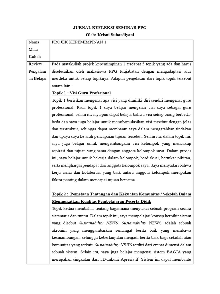 Jurnal Refleksi - Krisni Suhardiyani - Projek Kepemimpinan I | PDF
