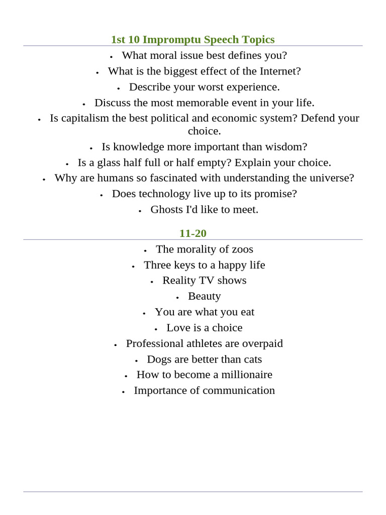 Good Impromptu Speech Topics | PDF