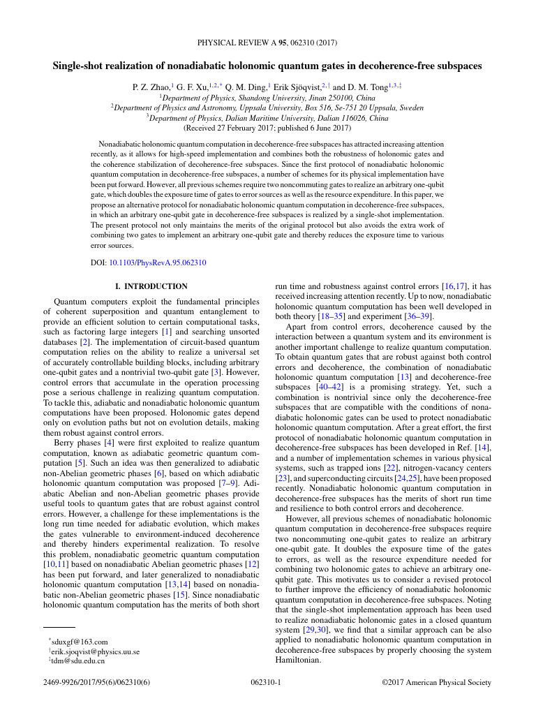Single-Shot Realization of Nonadiabatic Holonomic Quantum Gates in ...