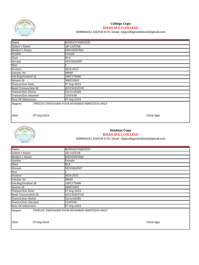 Fee Slip for Roshan Parveen | PDF