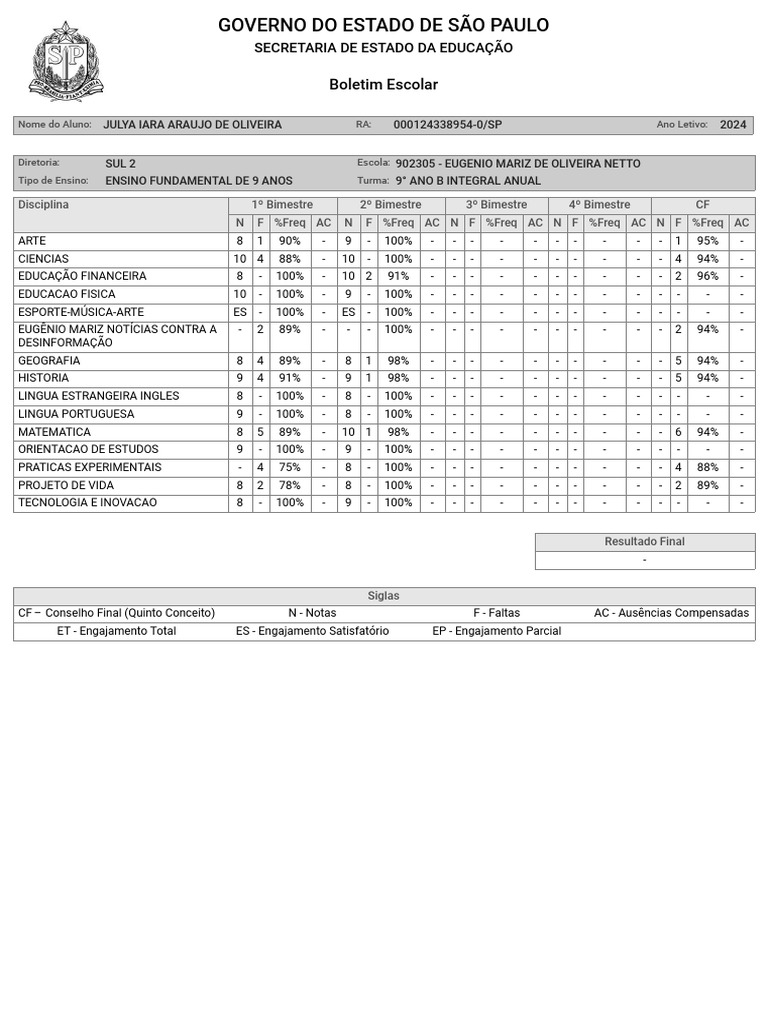 Boletim Escolar Do Aluno | PDF