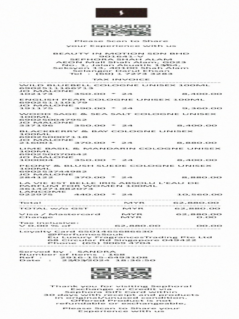 Sephora Malaysia Invoice 12 2916-155-6493108 RM62880 22-03 | PDF
