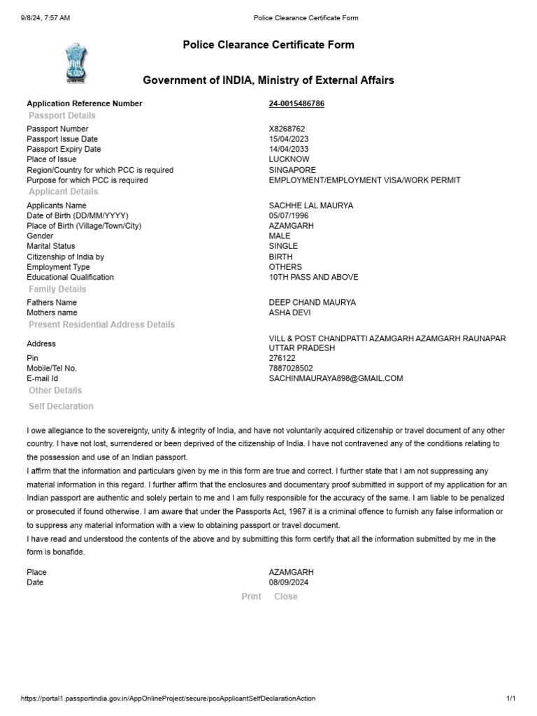 Police Clearance Certificate Form Government of INDIA, Ministry of External Affairs | PDF