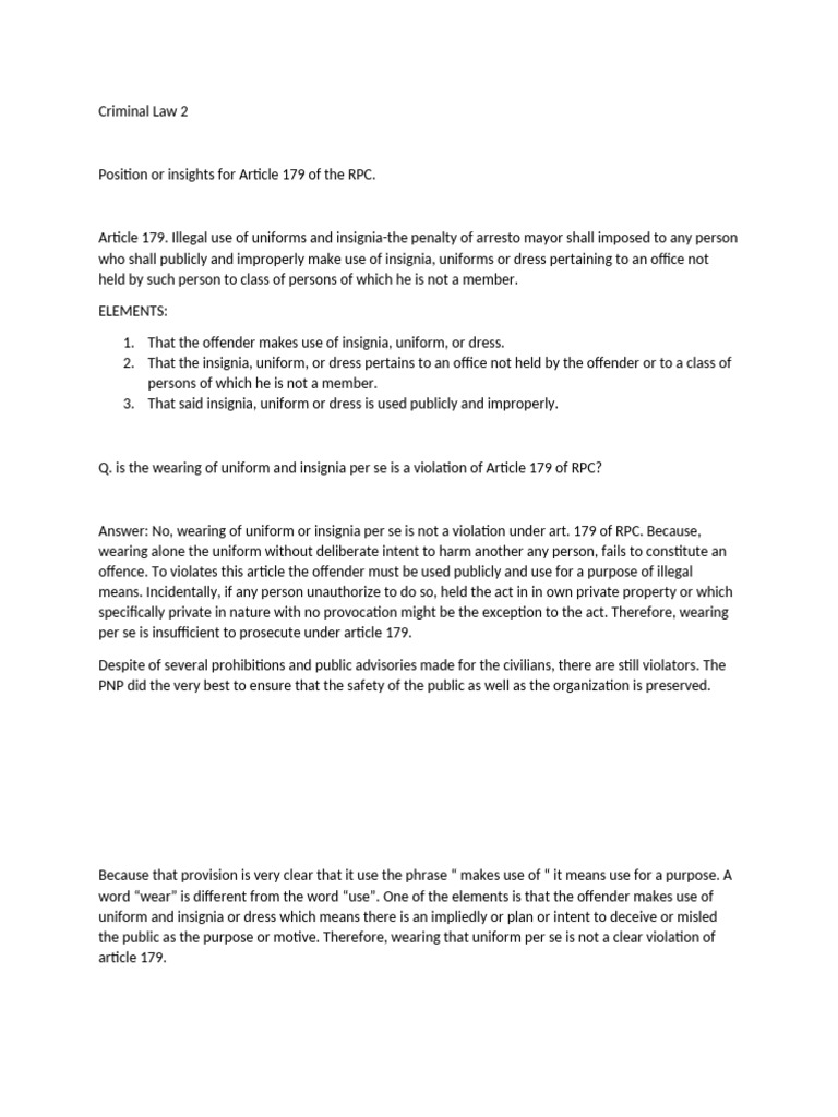 Criminal Law 2-Art 179 Position Paper | PDF